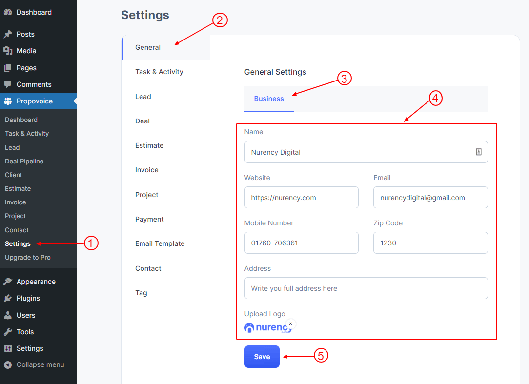 Edit Business - Propovoice CRM